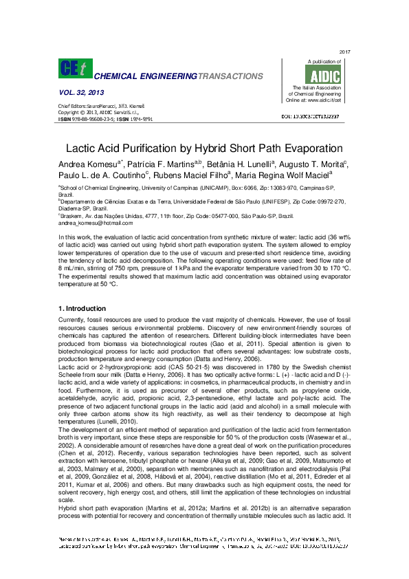 (PDF) Lactic acid purification by hybrid short path evaporation