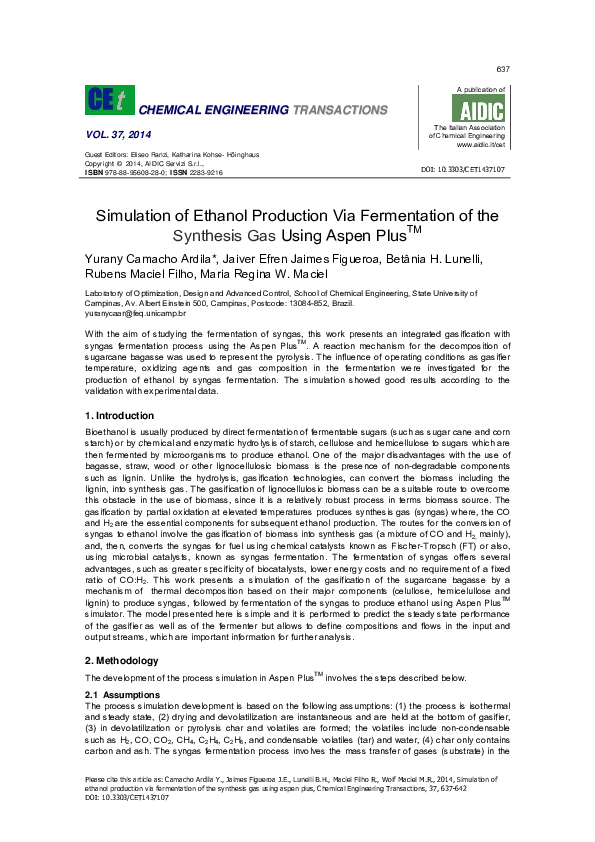 (PDF) Simulation of Ethanol Production Via Fermentation of the ...