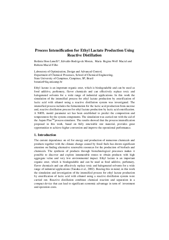 Pdf Process Intensification For Ethyl Lactate Production Using
