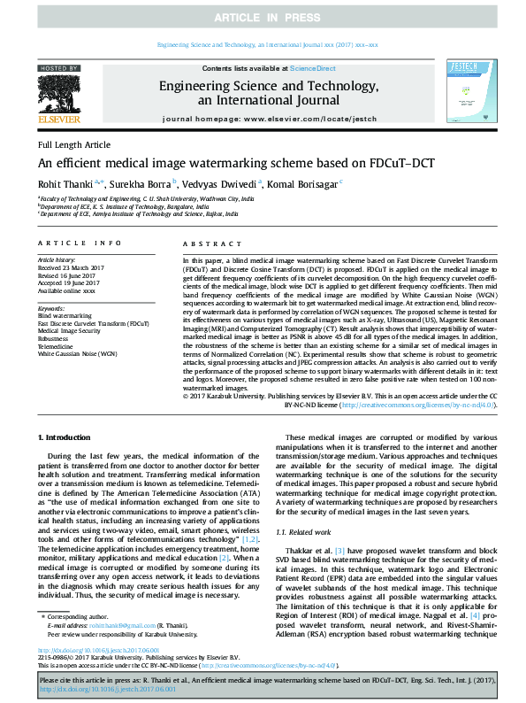 (PDF) An efficient medical image watermarking scheme based on FDCuT–DCT ...