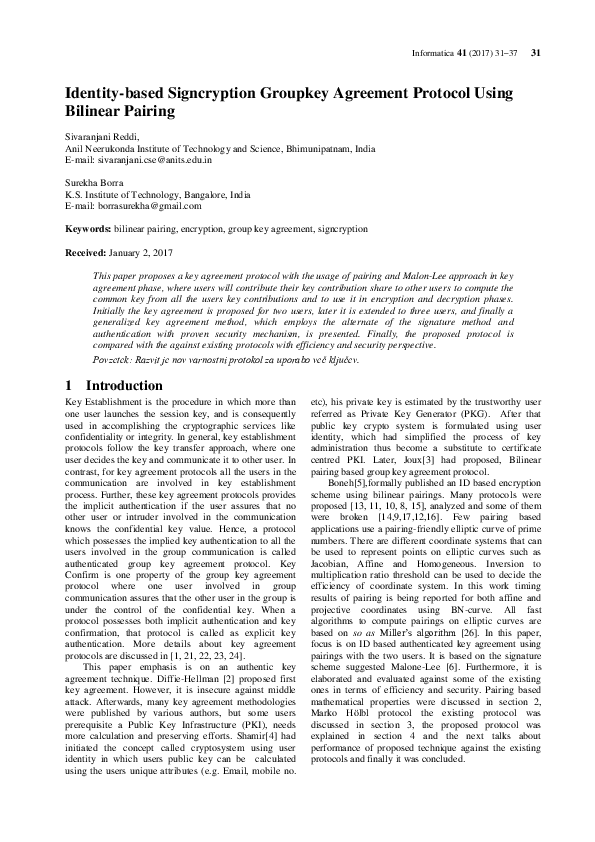 Pdf Identity Based Signcryption Groupkey Agreement Protocol Using Bilinear Pairing Surekha