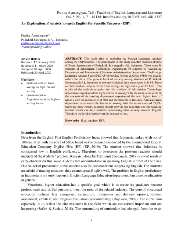 (PDF) An Exploration of Anxiety towards English for Specific Purposes (ESP)