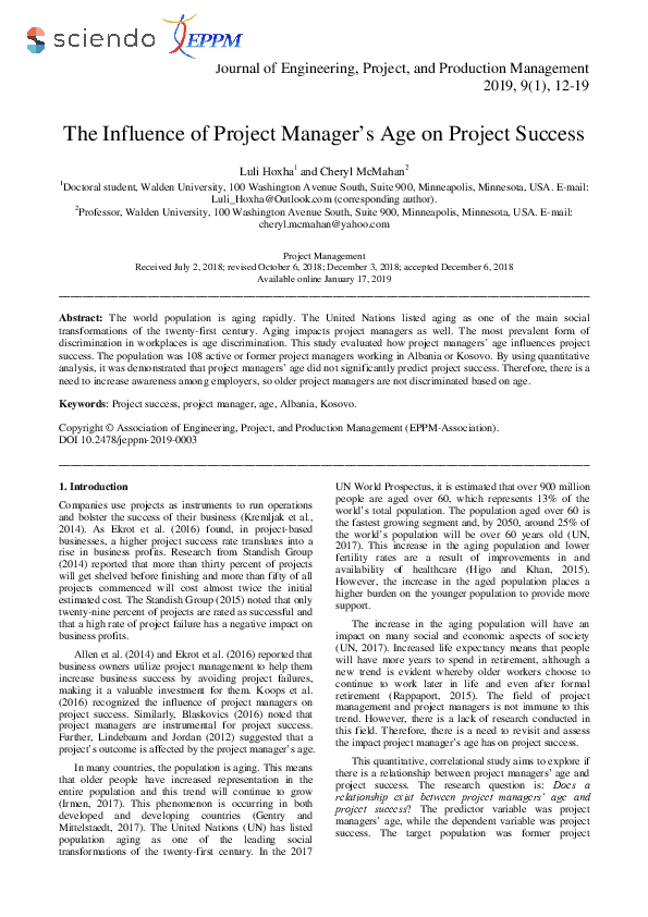 (PDF) The Influence of Project Manager’s Age on Project Success