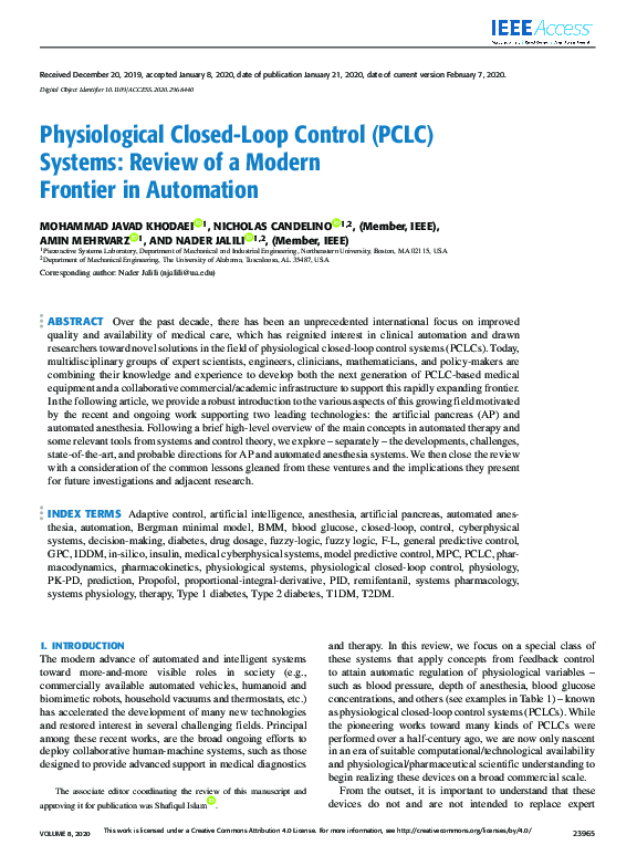 Pdf Physiological Closed Loop Control Pclc Systems Review Of A Modern Frontier In Automation 