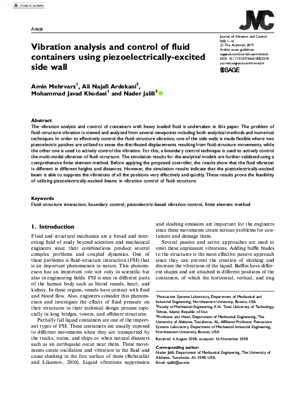 (PDF) Vibration analysis and control of fluid containers using piezoelectrically-excited side wall
