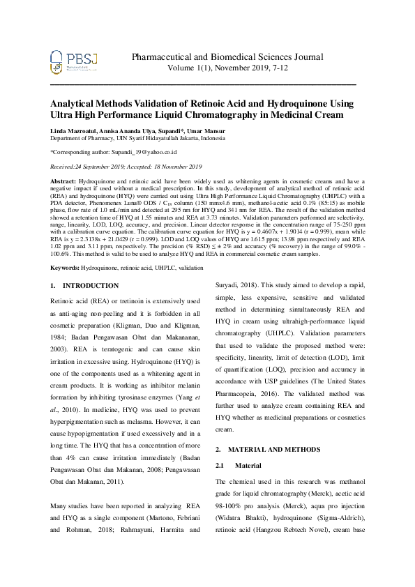 (PDF) Analytical Methods Validation of Retinoic Acid and Hydroquinone ...