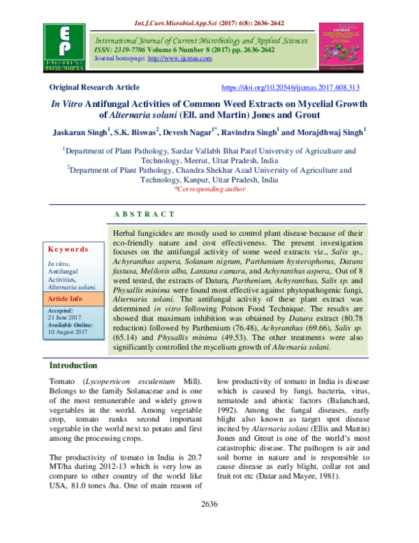 (PDF) In Vitro Antifungal Activities of Common Weed Extracts on Mycelial Growth of Alternaria ...