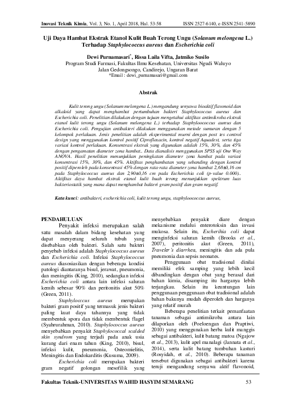 (PDF) Uji Daya Hambat Ekstrak Etanol Kulit Buah Terong Ungu (Solanum melongena L.) Terhadap ...