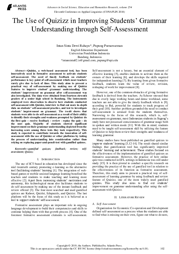 (PDF) The Use of Quizizz in Improving Students’ Grammar Understanding through Self-Assessment