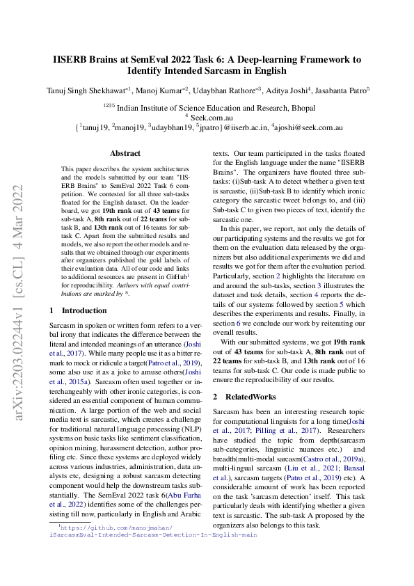 (PDF) IISERB Brains at SemEval-2022 Task 6: A Deep-learning Framework ...