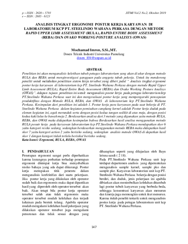 (PDF) Analisis Tingkat Ergonomi Postur Kerja Karyawan DI Laboratorium ...