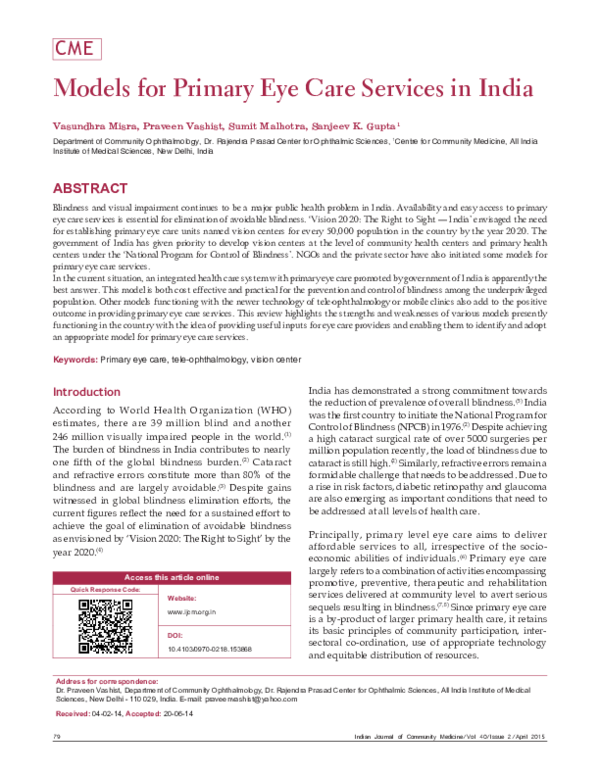 (PDF) Models for Primary Eye Care Services in India