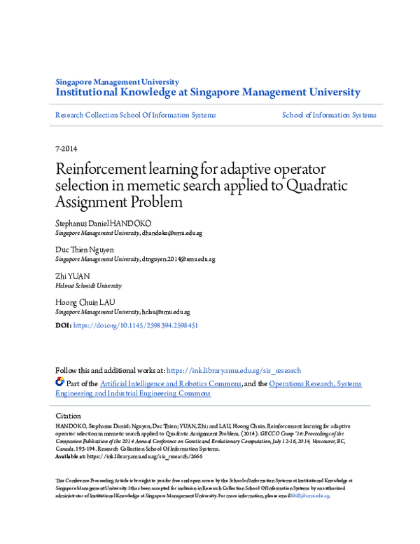(PDF) Reinforcement learning for adaptive operator selection in memetic search applied to ...
