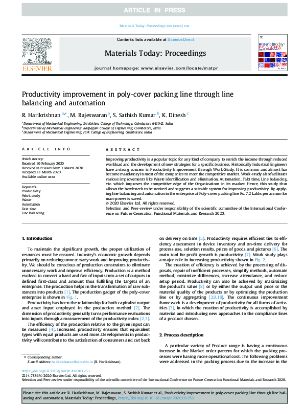 (PDF) Productivity improvement in poly-cover packing line through line balancing and automation