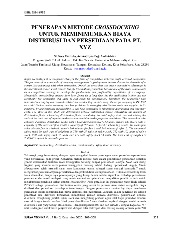 (PDF) Penerapan Metode Crossdocking Untuk Meminimumkan Biaya Distribusi Dan Persediaan Pada Pt. Xyz