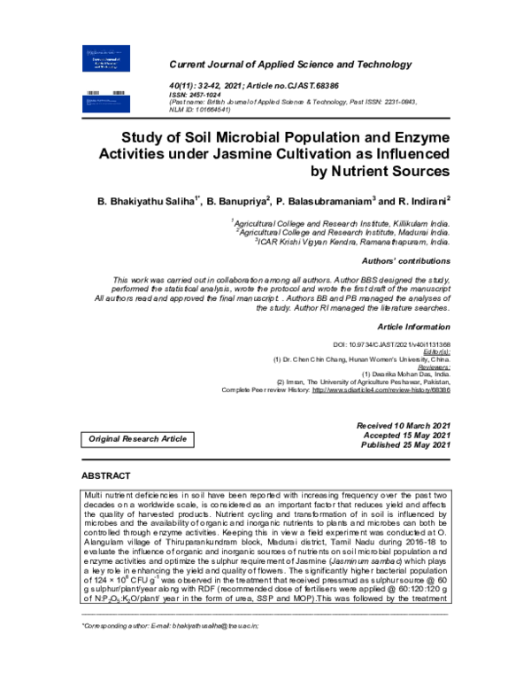 (PDF) Study of Soil Microbial Population and Enzyme Activities under Jasmine Cultivation as ...