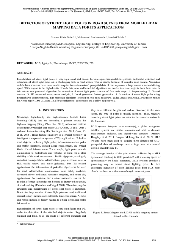 Pdf Detection Of Street Light Poles In Road Scenes From Mobile Lidar Mapping Data For Its
