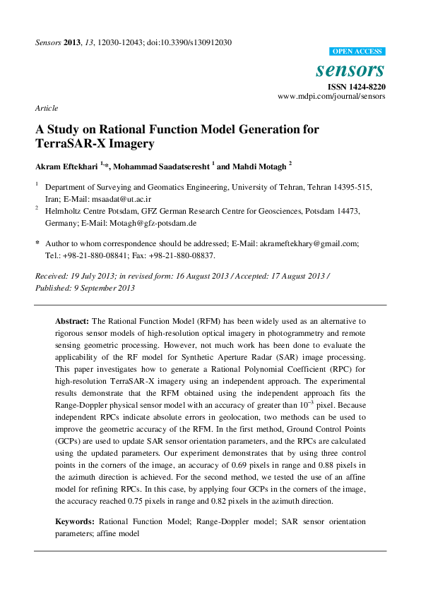 (PDF) A Study on Rational Function Model Generation for TerraSAR-X Imagery