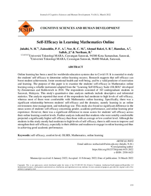 (PDF) Self-Efficacy in Learning Mathematics Online | JULIZA SALLEH and SYAH RUNNIZA AHMAD BAKRI ...