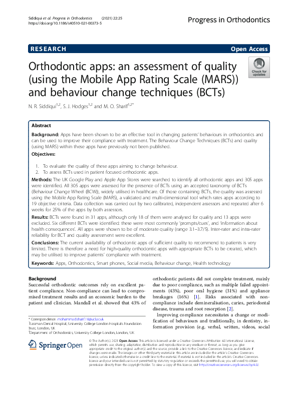 Pdf Orthodontic Apps An Assessment Of Quality Using The Mobile App Rating Scale Mars And