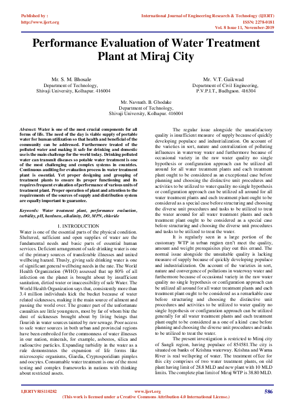 (PDF) Performance Evaluation of Water Treatment Plant at Miraj City