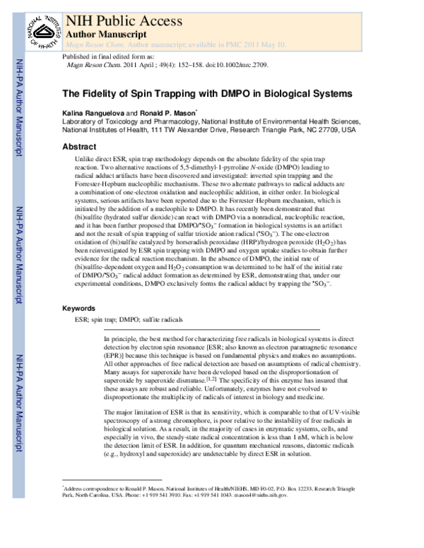 (PDF) The fidelity of spin trapping with DMPO in biological systems