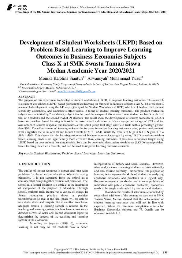 (PDF) Development of Student Worksheets (LKPD) Based on Problem Based Learning to Improve ...