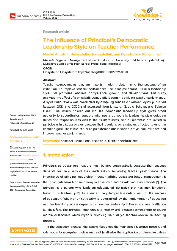 (PDF) The Influence of Principal's Democratic Leadership Style on ...
