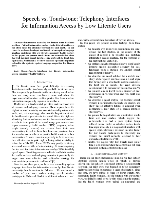 (PDF) Speech vs. touch-tone: Telephony interfaces for information access by low literate users