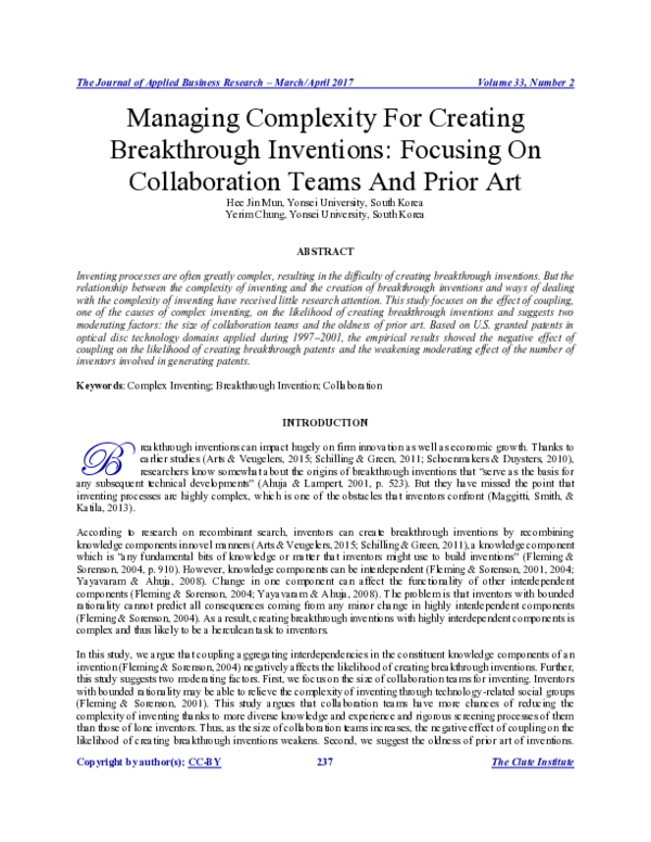 (PDF) Managing Complexity For Creating Breakthrough Inventions: Focusing On Collaboration Teams ...