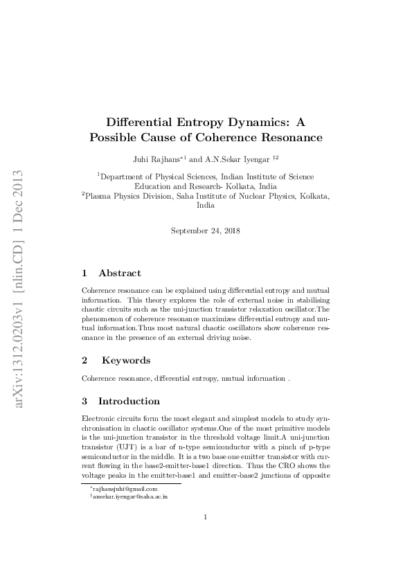 (PDF) Differential Entropy Dynamics: A Possible Cause of Coherence Resonance