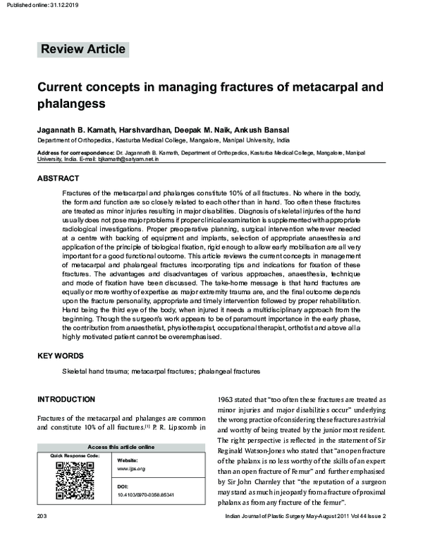 Pdf Current Concepts In Managing Fractures Of Metacarpal And Phalangess