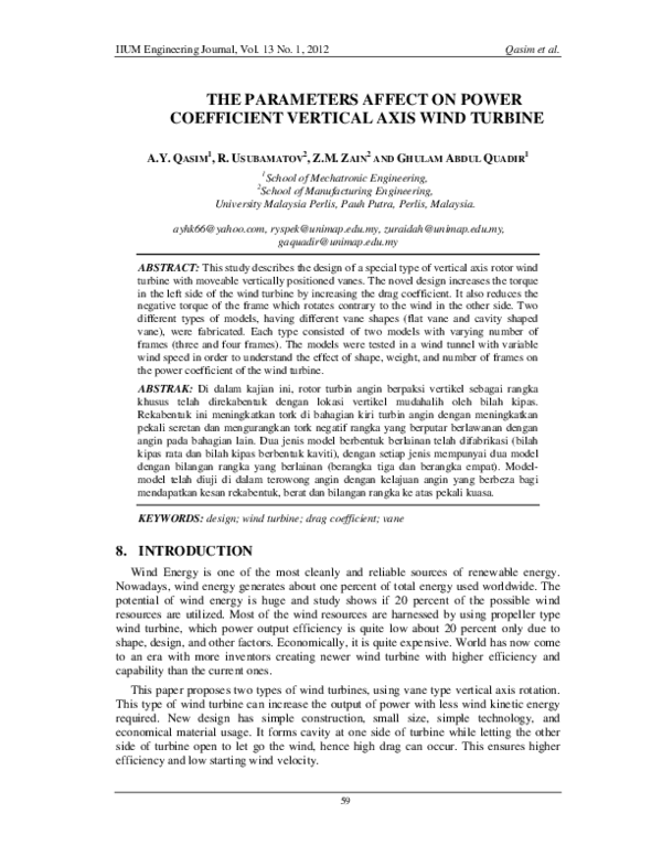 (PDF) The Parameters Affect on Power Coefficient Vertical Axis Wind Turbine | Ahmed Y. Qasim ...