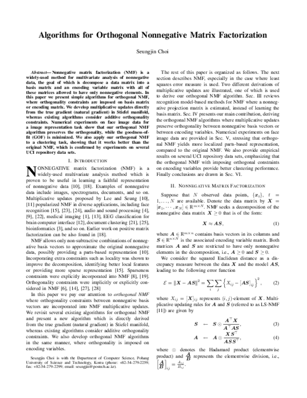 (PDF) Algorithms for orthogonal nonnegative matrix factorization