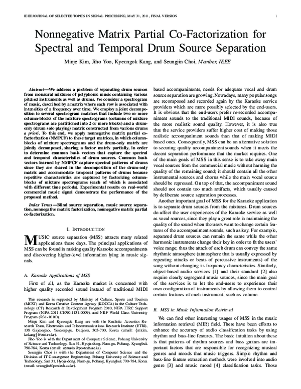 Pdf Nonnegative Matrix Partial Co Factorization For Spectral And Temporal Drum Source