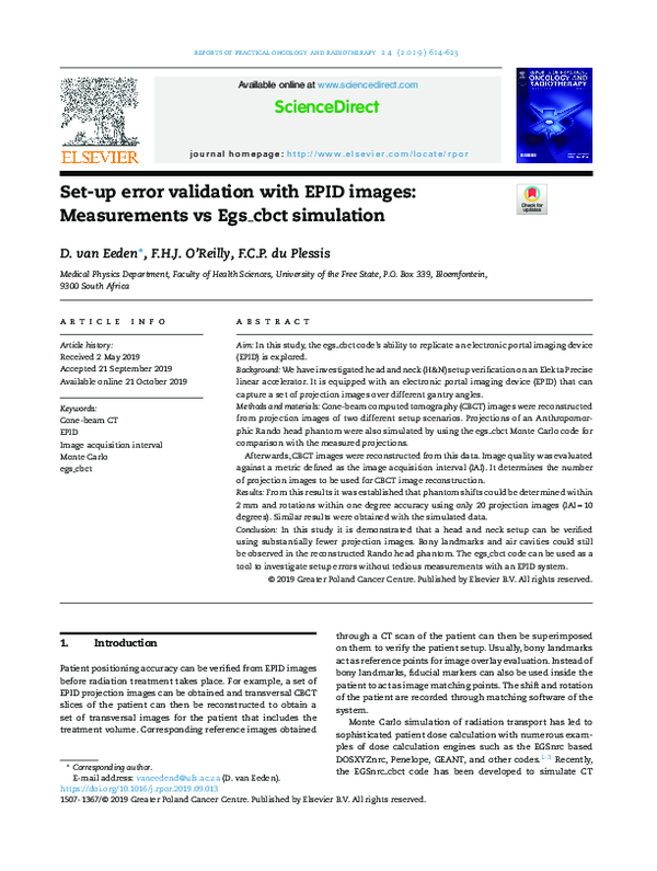 (PDF) Set-up error validation with EPID images: Measurements vs Egs_cbct simulation | Déte van ...