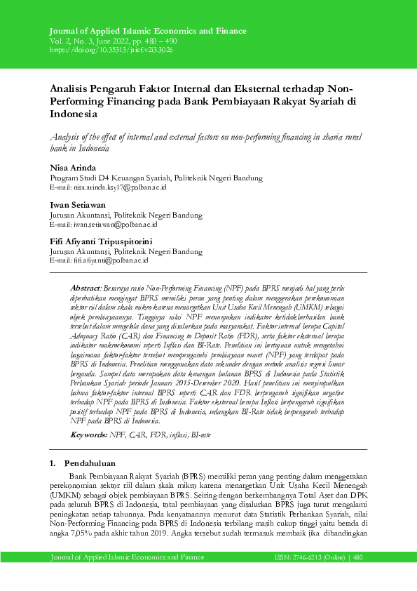(PDF) Analisis Pengaruh Faktor Internal dan Eksternal terhadap Non-Performing Financing pada ...