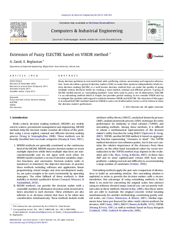 (PDF) Extension of Fuzzy ELECTRE based on VIKOR method | Emad Roghanian - Academia.edu
