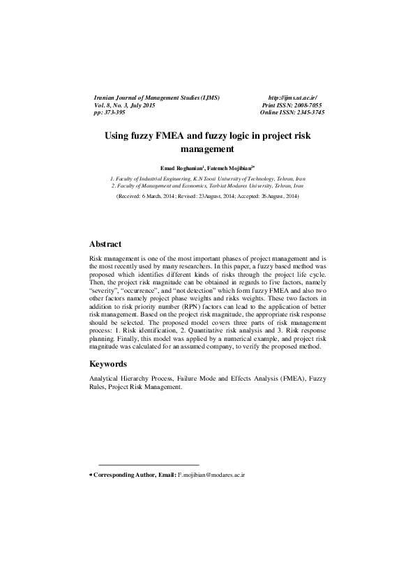 Pdf Using Fuzzy Fmea And Fuzzy Logic In Project Risk Management
