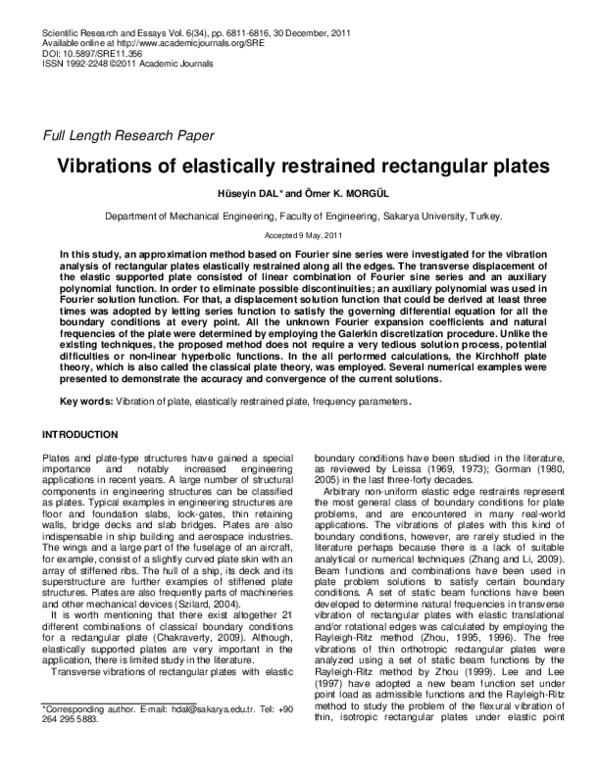 Pdf Vibrations Of Elastically Restrained Rectangular Plates Ömer K