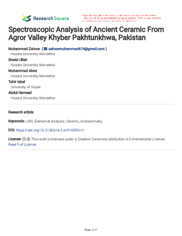 (PDF) Spectroscopic Analysis of Ancient Ceramic From Agror Valley ...