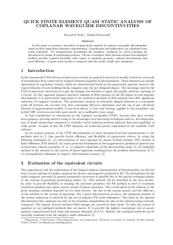 Pdf Quick Finite Element Quasi Static Analysis Of Coplanar Waveguide Discontinuities