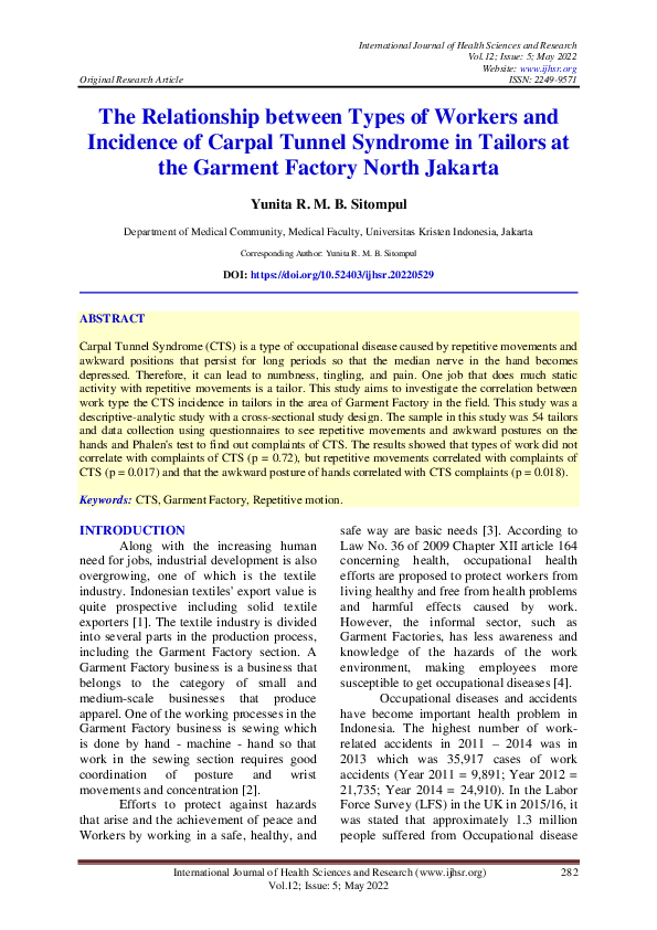 (PDF) The Relationship between Types of Workers and Incidence of Carpal ...