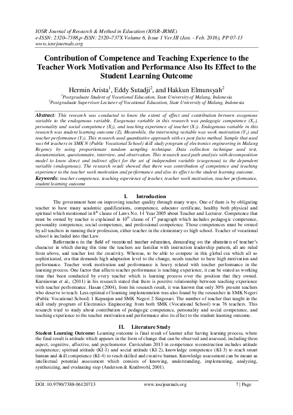 (PDF) Contribution of Competence and Teaching Experience to the Teacher Work Motivation and ...