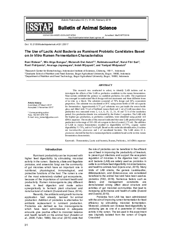 (PDF) The Use of Lactic Acid Bacteria as Ruminant Probiotic Candidates ...