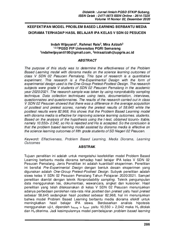 (PDF) Keefektifan Model Problem Based Learning Berbantu Media Diorama Terhadap Hasil Belajar Ipa ...