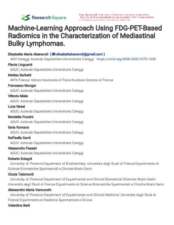 (PDF) Machine-Learning Approach Using FDG-PET-Based Radiomics in the Characterization of ...