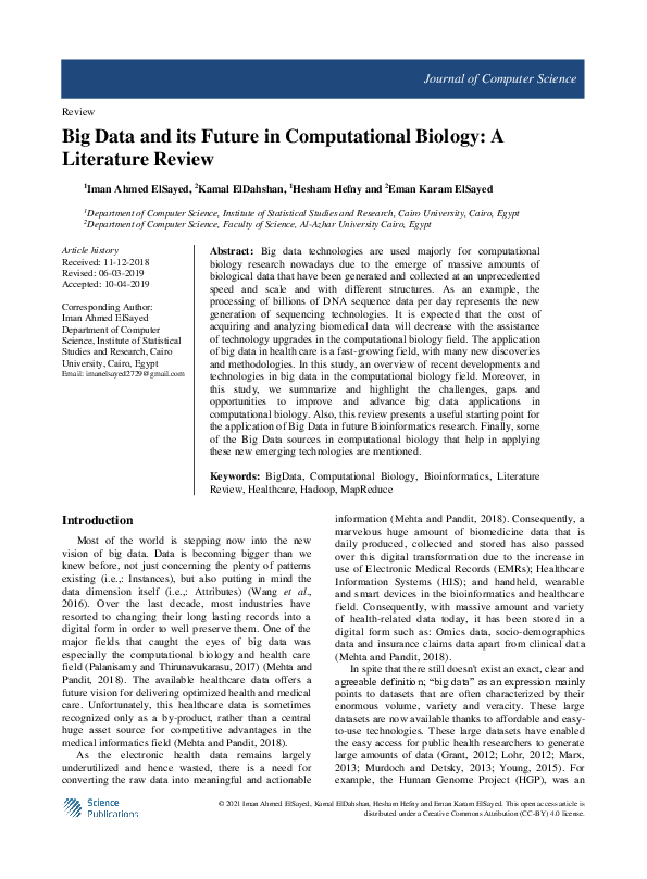 (PDF) Big Data and its Future in Computational Biology: A Literature Review
