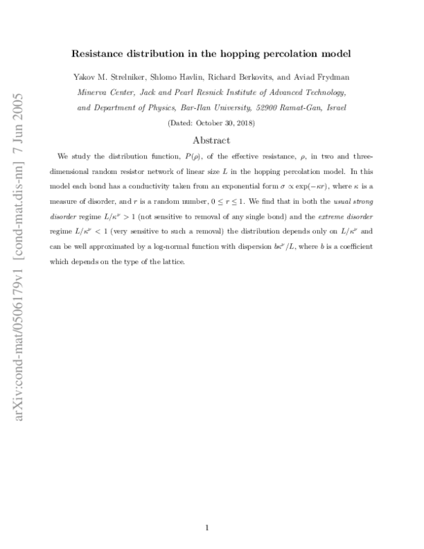 (PDF) Resistance distribution in the hopping percolation model | Aviad ...