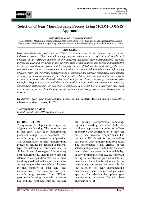 (PDF) Selection of Gear Manufacturing Process Using MCDM-TOPSIS Approach